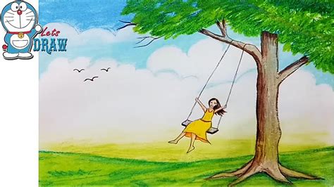 Как нарисовать девушку на качели цветными карандашами Яркий рисунок