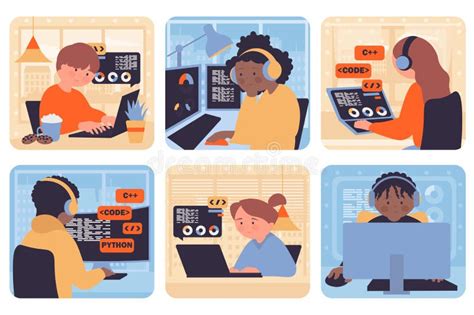 Programming Concept With People Situation Set In Flat Web Design Vector Illustrations Stock