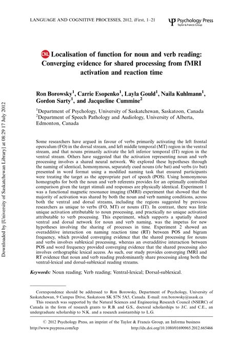 Pdf Localization Of Function For Noun And Verb Processing Converging Evidence For Shared