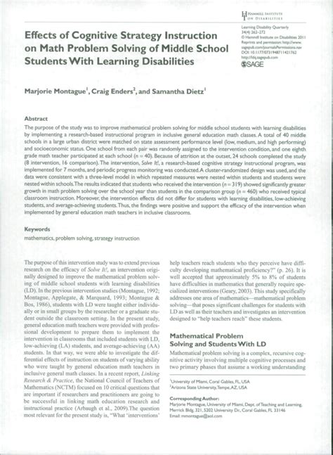 Pdf Effects Of Cognitive Strategy Instruction On Math Problem Solving Of Middle School