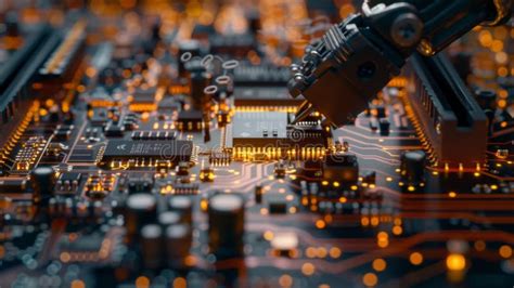 Macro Image Of An Electronic Printed Circuit Board Being Assembled With An Automated Robotic Arm