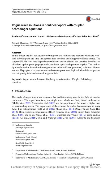 Rogue Wave Solutions In Nonlinear Optics With Coupled Schrödinger