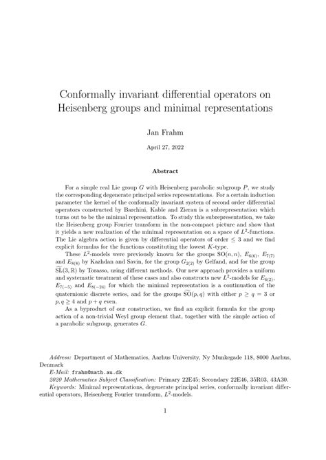 Pdf Conformally Invariant Differential Operators On Heisenberg Groups And Minimal Representations