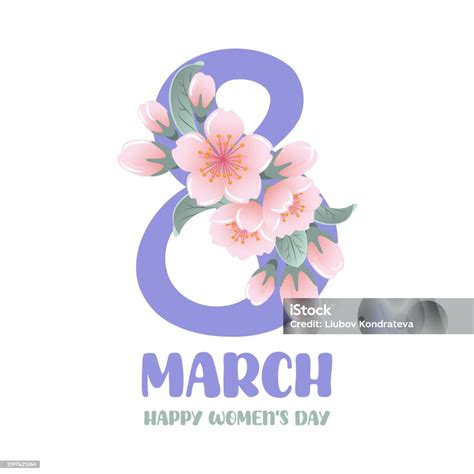 국제 여성의 날을 위한 생생한 벡터 일러스트레이션은 봄과 재생을 상징하는 아름다운 벚꽃으로 둘러싸인 숫자 8을 특징으로 합니다