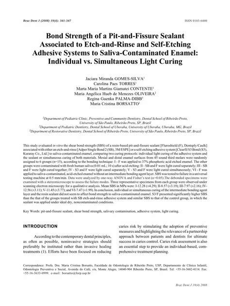 Pdf Bond Strength Of A Pit And Fissure Sealant Associated To Etch And Rinse And Self Etching