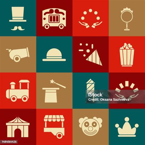 종소리 손 팝콘 상자 저글링 공 광대 대포 마술사 축제 색종이 조각 아이콘을 들고 있는 광대 모자를 설정하세요 벡터 거리에 대한