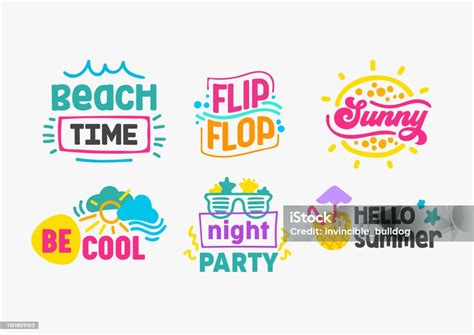 안녕하세요 여름 휴일 레이블 및 타이포 그래피 세트와 배지 인사말 카드 포스터 및 T 셔츠 디자인에 대 한 템플릿입니다 해변 시간 플립 플롭 화창한 멋진 밤 파티 만화 벡터