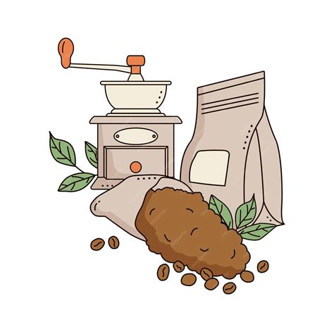흰색 배경에 고립 된 커피 콩과 커피 그라인더와 크래프트 종이 가방 낙서 스타일 프리미엄 벡터