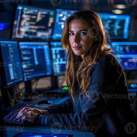 female tech professional analyzing data and coding on multiple monitors