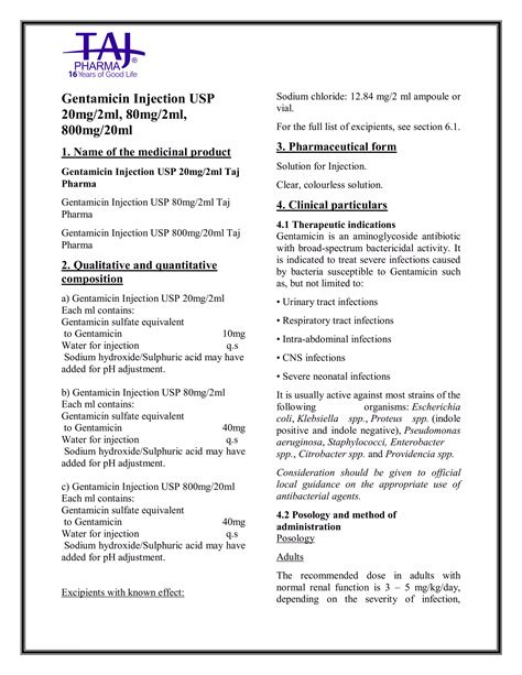 Gentamicin Injection Usp Taj Pharma Smpc Pdf