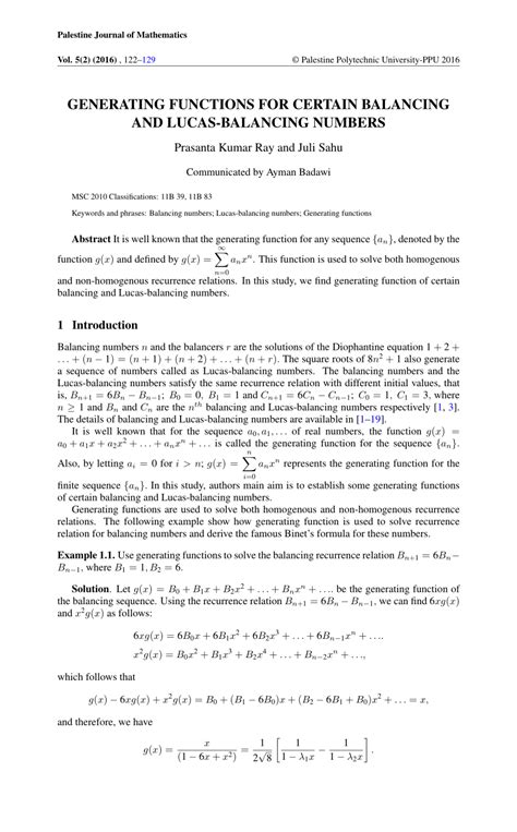 Pdf Generating Functions For Certain Balancing And Lucas Balancing Numbers