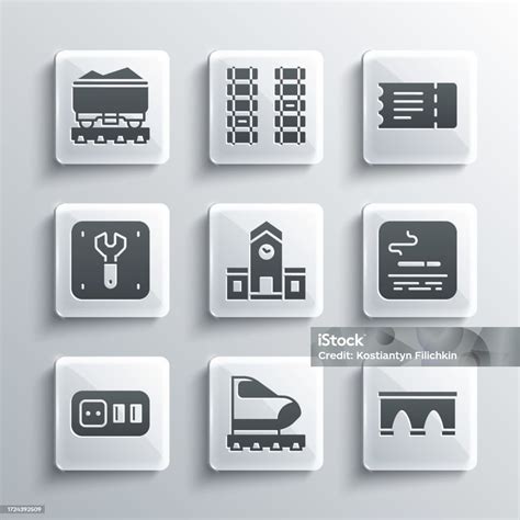 고속 열차 교량 흡연 구역 기차역 전기 콘센트 철도 수리 석탄 마차 및 기차 티켓 아이콘을 설정합니다 벡터 건설 산업에 대한 스톡 벡터 아트 및 기타 이미지 Istock