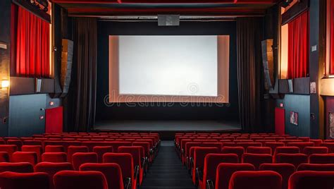 empty cinema theater with red seats large screen and stage stock