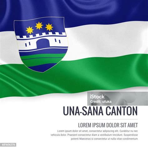 격리 된 흰색 바탕에 흔들며 보스니아 헤르체고비나 상태 Una Sana 구획 깃발의 연맹 주 이름과 메시지의 텍스트 영역입니다 3d 그림입니다 0명에 대한 스톡 사진 및