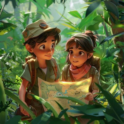 Two Young Animated Scouts Exploring With A Map In A Lush Forest