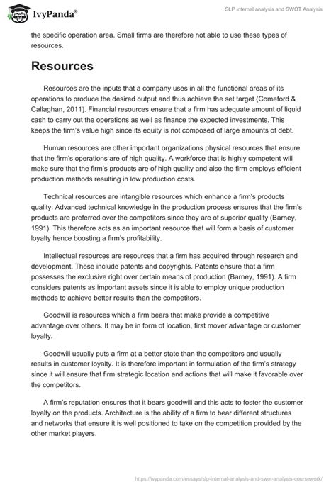 slp internal analysis and swot analysis 766 words coursework example