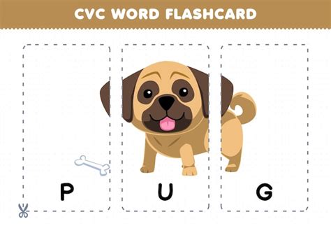 귀여운 만화 Pug 개 그림 인쇄용 플래시 카드로 자음 모음 자음 단어를 배우는 어린이를 위한 교육 게임 프리미엄 벡터