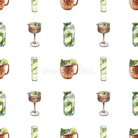 Watercolor Seamless Pattern Cocktail Glasses Martini Mojito
