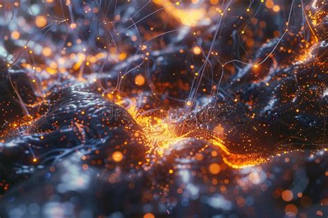 Neural Network Visualization With Glowing Orange Dots And Interconnected Lines In A Dark