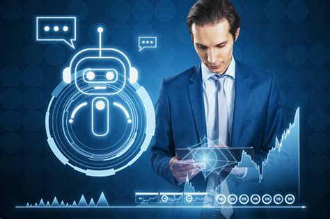 매력적인 젊은 유럽 사업가 빛나는 로봇과 차트 홀로그램 와 파란 배경에 홀로그램을 가진 패드를 사용하는 인공 지능 채팅 Gpt 봇 비서 및 기계 학습 개념 Brand