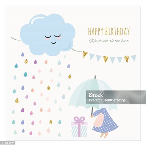 어린 소녀와 화려한 비 귀여운 생일 카드를 삭제합니다 반짝이 요소와 수채화 만화입니다 구름에 대한 스톡 벡터 아트 및 기타 이미지 구름 귀여운 금 금속 Istock