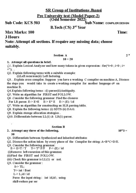 Kcs 503 Compiler Design Model Paper Sr Group Of Institutions Jhansi Pre University Test Model