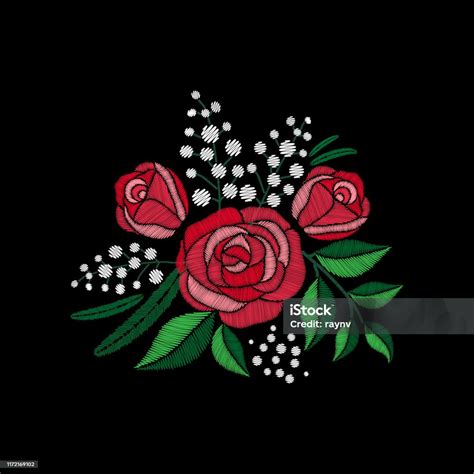 검은 색 배경에 빨간 장미와 흰색 꽃 자수 새로운 스티치 모방 벡터 0명에 대한 스톡 벡터 아트 및 기타 이미지 0명 꽃