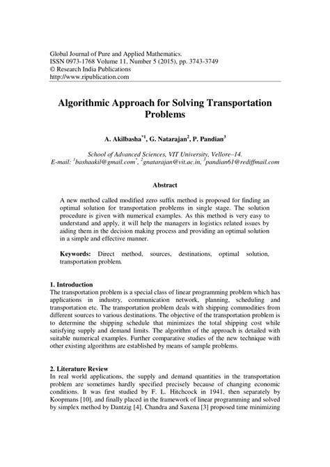 Pdf Algorithmic Approach For Solving Transportation Problems