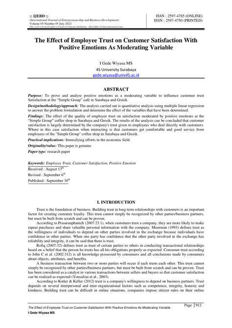 Pdf The Effect Of Employee Trust On Customer Satisfaction With Positive Emotions As Moderating