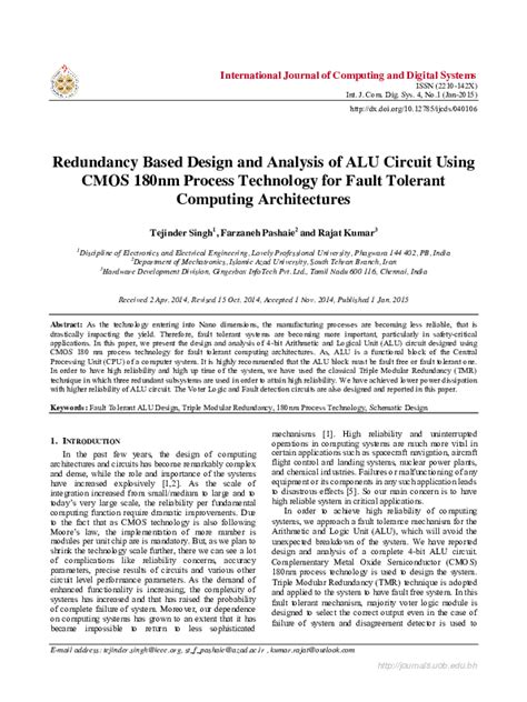Pdf Redundancy Based Design And Analysis Of Alu Circuit Using Cmos 180nm Process Technology