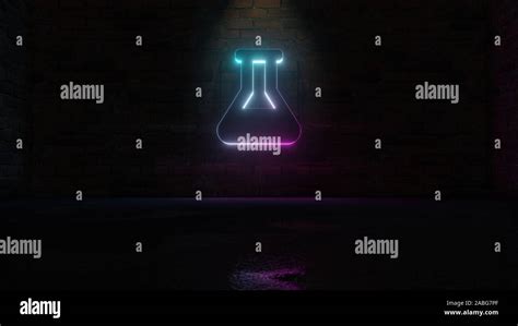 3d Rendering Of Blue Violet Neon Symbol Of Chemistry Flask On Dark Brick Wall Background With