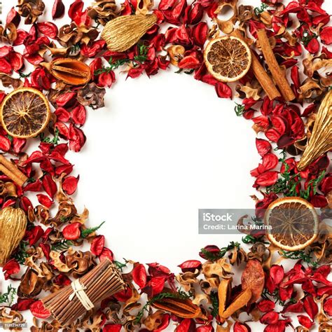 크리스마스 화 환흰색 바탕에 텍스트에 대 한 공간을 가진 과일 나무 황금 과일 계 피 스틱 붉은 건조 꽃잎의 사각형의 모양에 엽서 새 해 패턴 만들기에 대한 스톡 사진 및