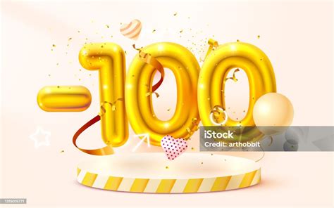 100 끄기 할인 크리에이티브 컴포지션 장식 용 물건 하트 모양의 풍선 황금 색종이 연단 및 선물 상자와 3d 황금 판매 기호 판매 배너 및 포스터 벡터 입체 이미지에 대한