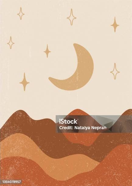 밤 하늘과 추상적 인 현대 배경 지구 색조 탄 오렌지 테라코타 색상 보호 벽 장식 미드 센추리 모던 미니멀리스트 아트 프린트 유기 모양 모던 양식에 대한 스톡 벡터 아트 및