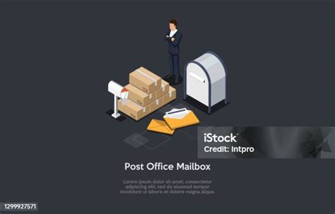 우체국 사서함 벡터 일러스트레이션 만화 3d 스타일 등극 벡터 구성 어두운 배경 쓰기 개체 및 문자 편지 메일 골판지 상자 소포