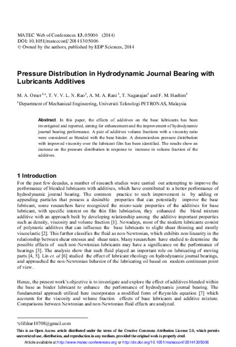 Pdf Pressure Distribution In Hydrodynamic Journal Bearing With Lubricants Additives