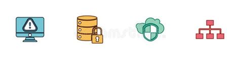 set monitor with exclamation mark server security lock cloud and