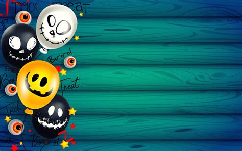 휴일 개념 만화 스타일의 할로윈 파티 소름 끼치는 의인화 된 풍선과 텍스트를위한 장소가있는 추상적 인 나무 배경에 대한 눈이있는 할로윈 홍보 포스터 또는 배너 10월에 대한