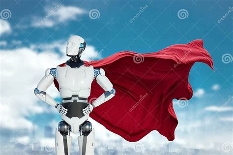 Super Robot Assistant Stands In A Heroic Pose With A Red Cape Behind