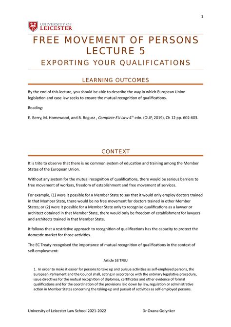 Lectures 5 10 Of Eu Law Lecture Notes Free Movement Of Persons Lecture 5 E X P O Rt I N G Yo U