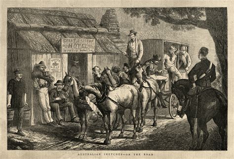 빈티지 일러스트레이션 호주 스케치 도로 길가 호텔 마차 1870년대 19세기 호주의 역사 1870 1879 년에 대한 스톡 벡터 아트 및 기타 이미지 Istock