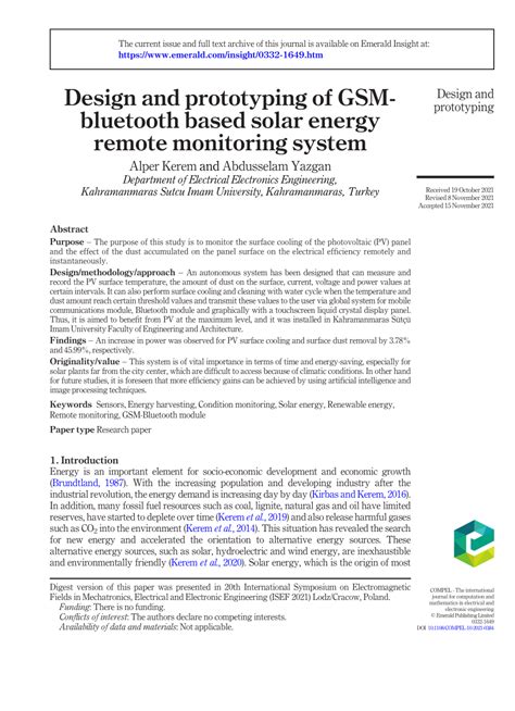 pdf design and prototyping of gsm bluetooth based solar energy remote monitoring system