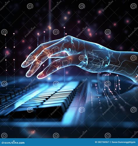 robotic hands typing on a virtual holographic keyboard a picture of