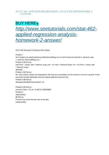 Stat 462 Applied Regression Analysis Homework 2 Answer