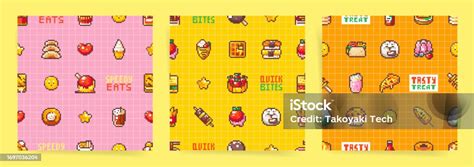 8090년대 아케이드 게임에서 영감을 받은 레트로 픽셀 이음매 없는 음식 패턴 세트 맛있는 픽셀 아트 스시 케이크 아이스크림 감자 튀김 타르트 와플 스낵 카페 길거리 음식