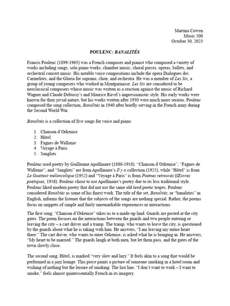 Poulenc Banalites Program Notes Pdf Performing Arts Classical Music