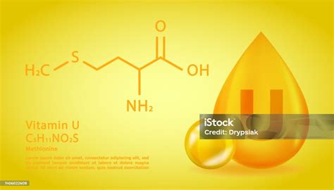 현실적인 U 메티오닌 비타민 방울 구조 화학 공식 3d 비타민 분자 U 메티오닌 디자인 알약 캡슐을 떨어 뜨립니다 3차원 형태에 대한 스톡 벡터 아트 및 기타 이미지
