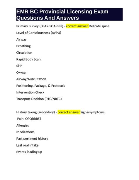 Emr Bc Provincial Licensing Exam Questions And Answers Exams Medicine Docsity