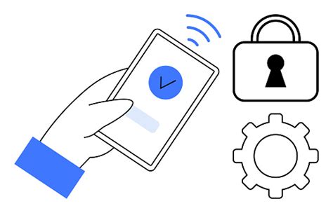 안전한 접근을 위해 스마트폰을 손에 들고 잠금 및 기어 설정 아이콘으로 Brand Name Smart Phone에 대한 스톡