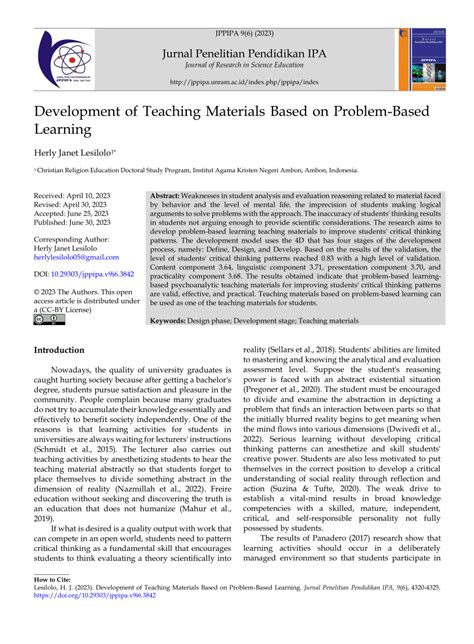pdf development of teaching materials based on problem based learning
